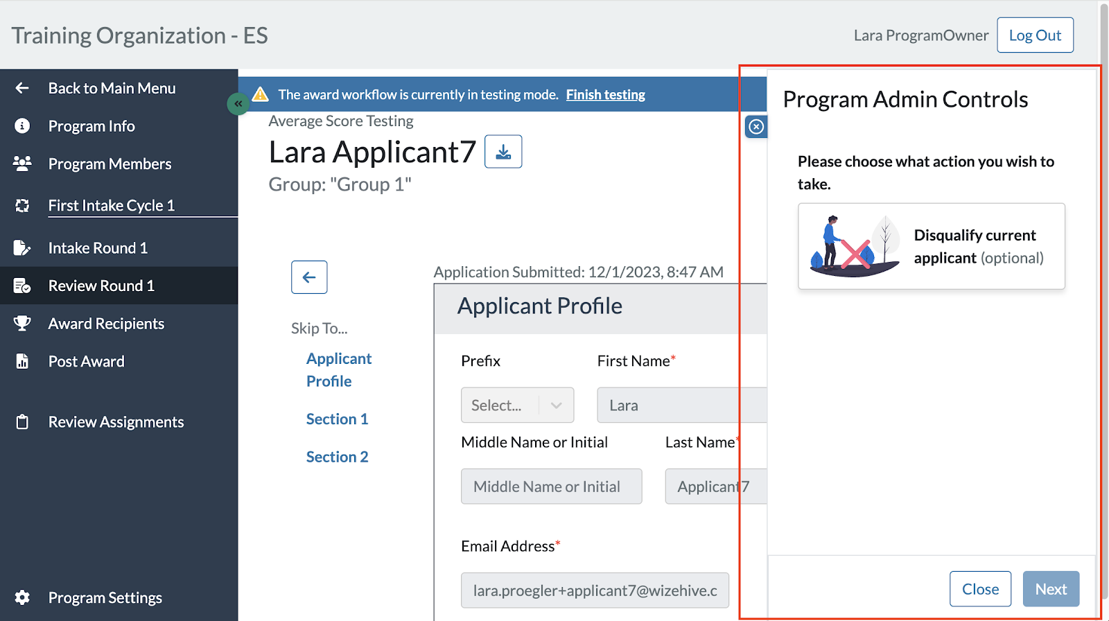 Review Round Admin Controls Button – NextZen